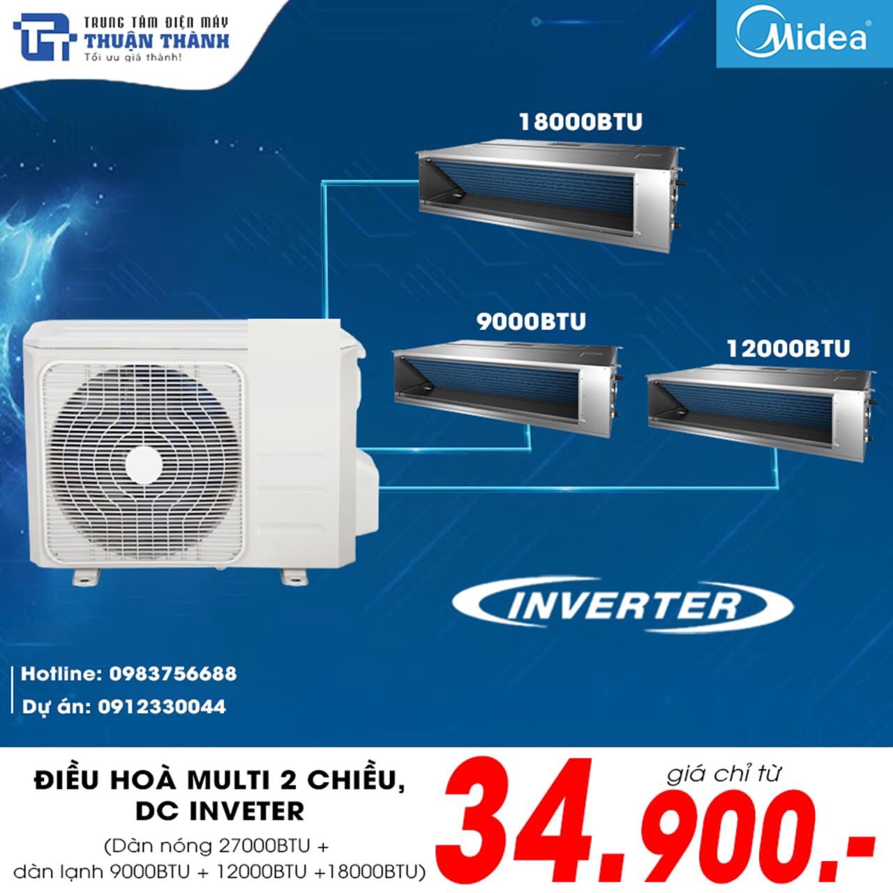 Đại lý phân phối Combo Điều Hòa Multi Midea M3OE-27HFN1-Q 27000BTU + dàn lạnh nối ống gió MTIU ...
